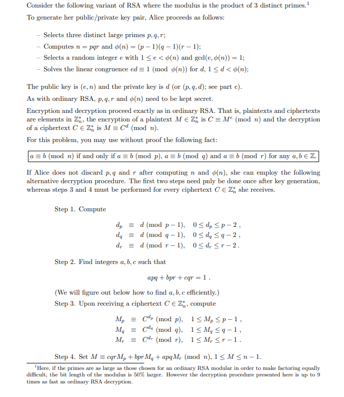 Consider the following variant of RSA where the | Chegg.com