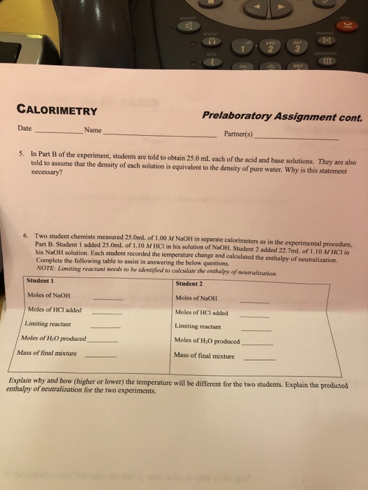 Solved CALORIMETRY Prelaboratory Assignment cont. Date | Chegg.com