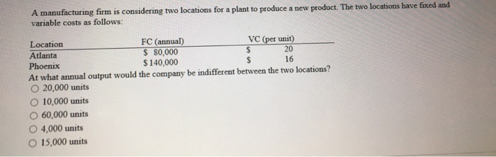 Solved A manufacturing firm is considering two locations for | Chegg.com