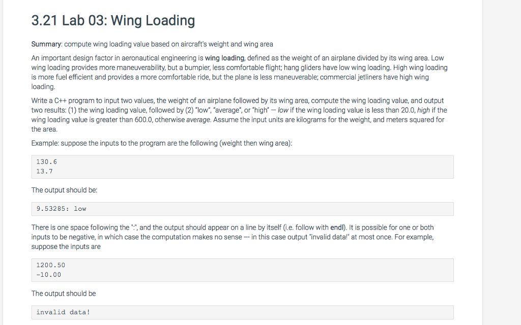 Solved 3.21 Lab 03: Wing Loading Summary: compute wing | Chegg.com