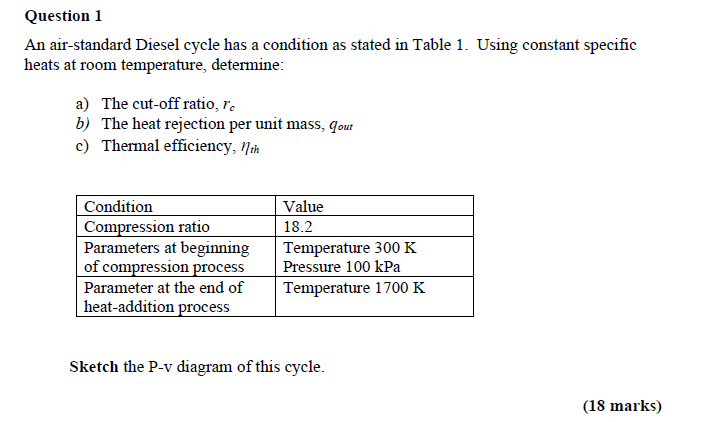 Solved Question 1 An air-standard Diesel cycle has a | Chegg.com