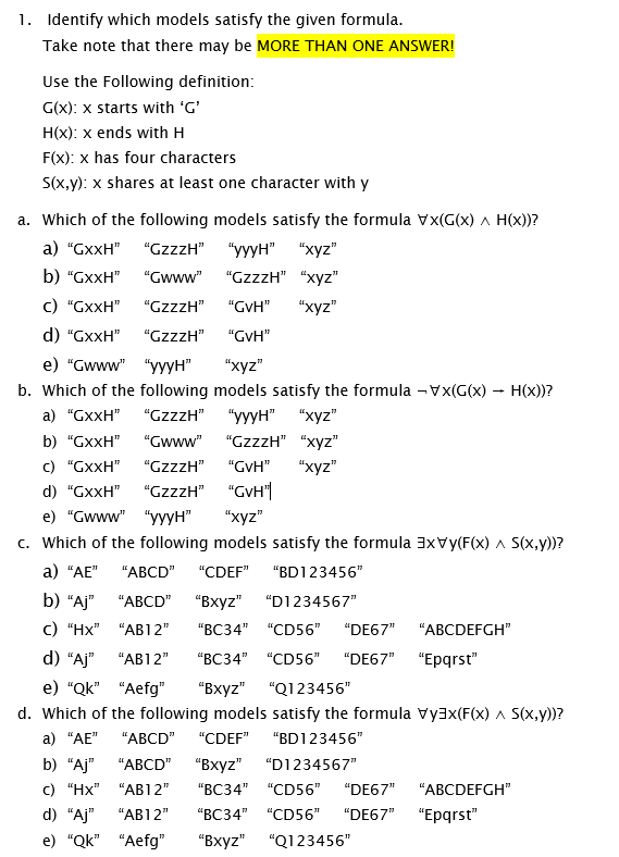 Solved 1. Identify which models satisfy the given formula. | Chegg.com