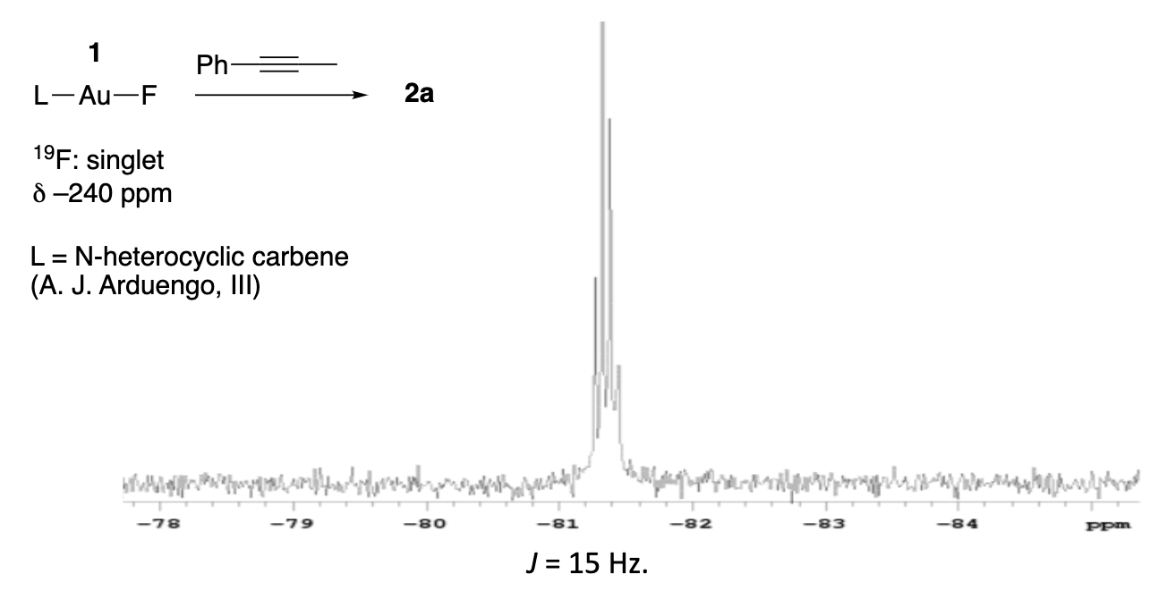 Solved A gold(I) fluoride, 1, reacts with 1-phenyl-1-propyne | Chegg.com