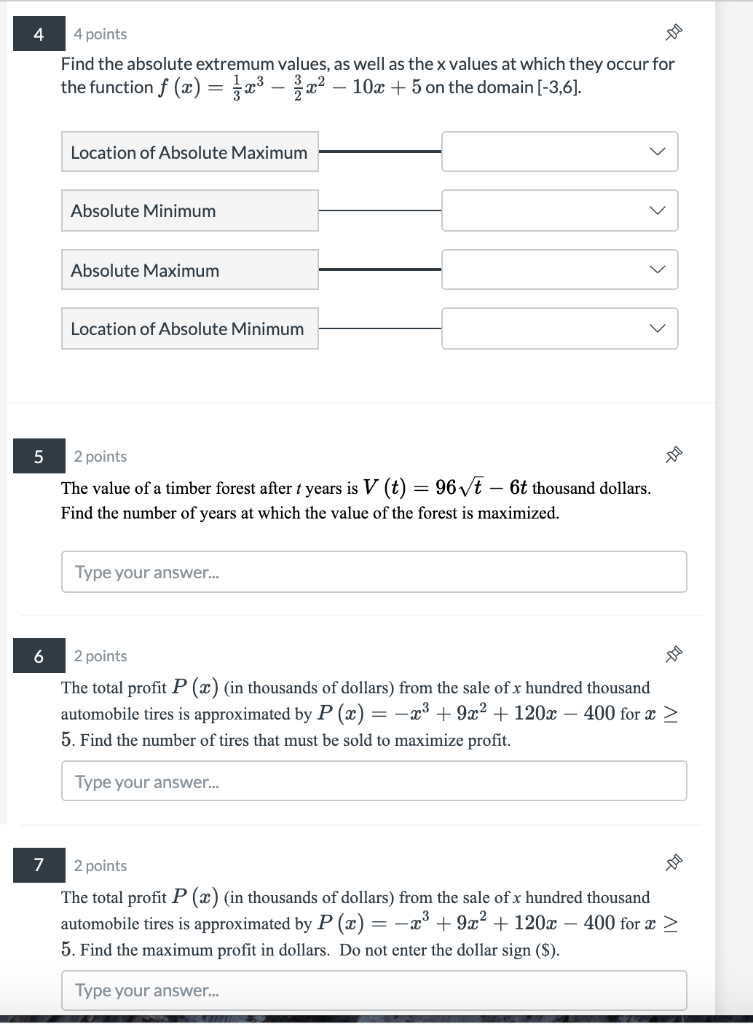Solved 4 4 points Find the absolute extremum values, as well | Chegg.com