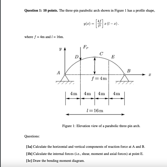 Solved Question 1: 10 points. The three-pin parabolic arch | Chegg.com