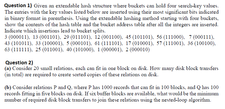 Question 1) Given an extendable hash structure where | Chegg.com