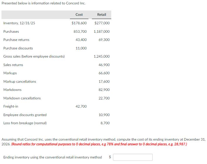 Solved Presented below is information related to Concord | Chegg.com