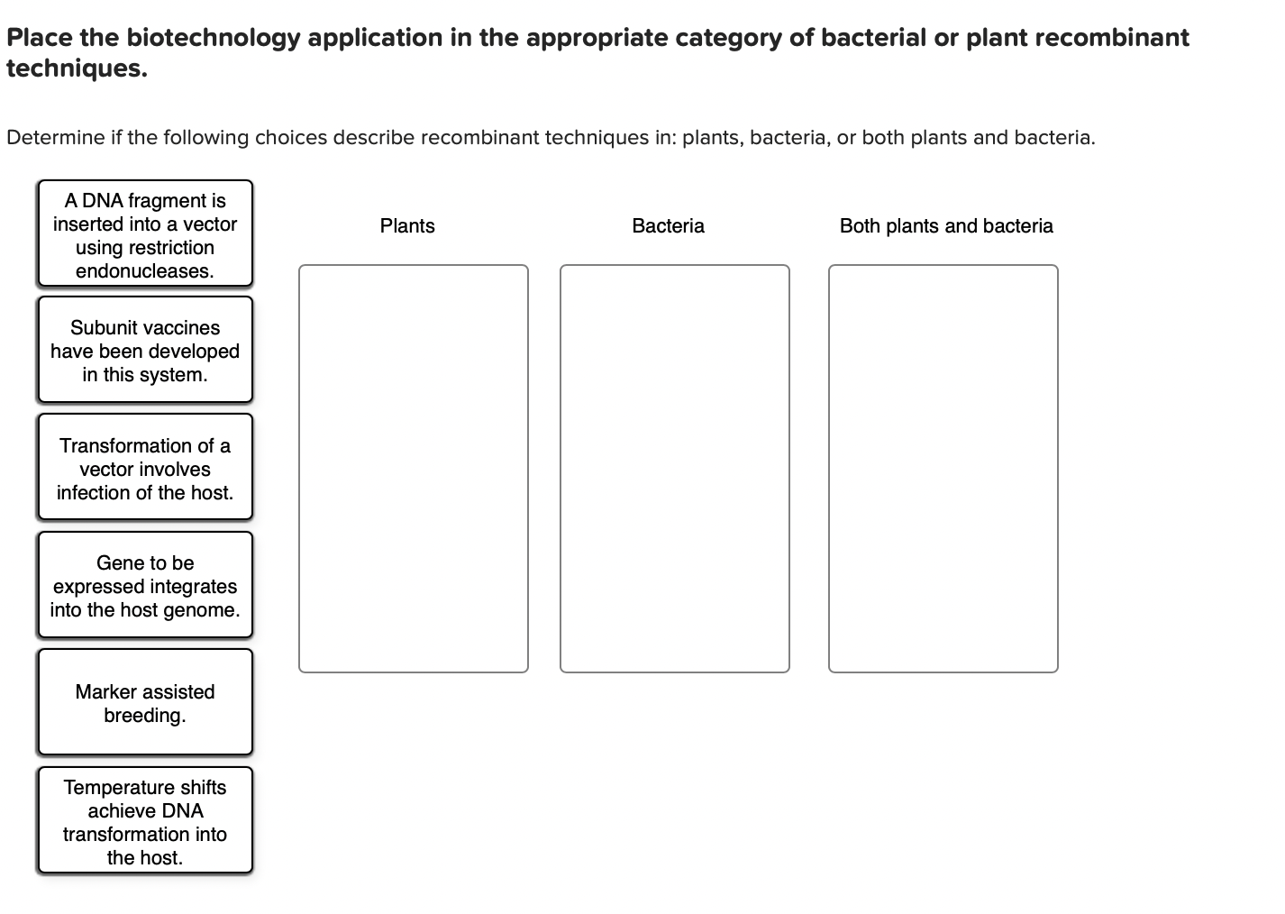 Solved Place the biotechnology application in the | Chegg.com