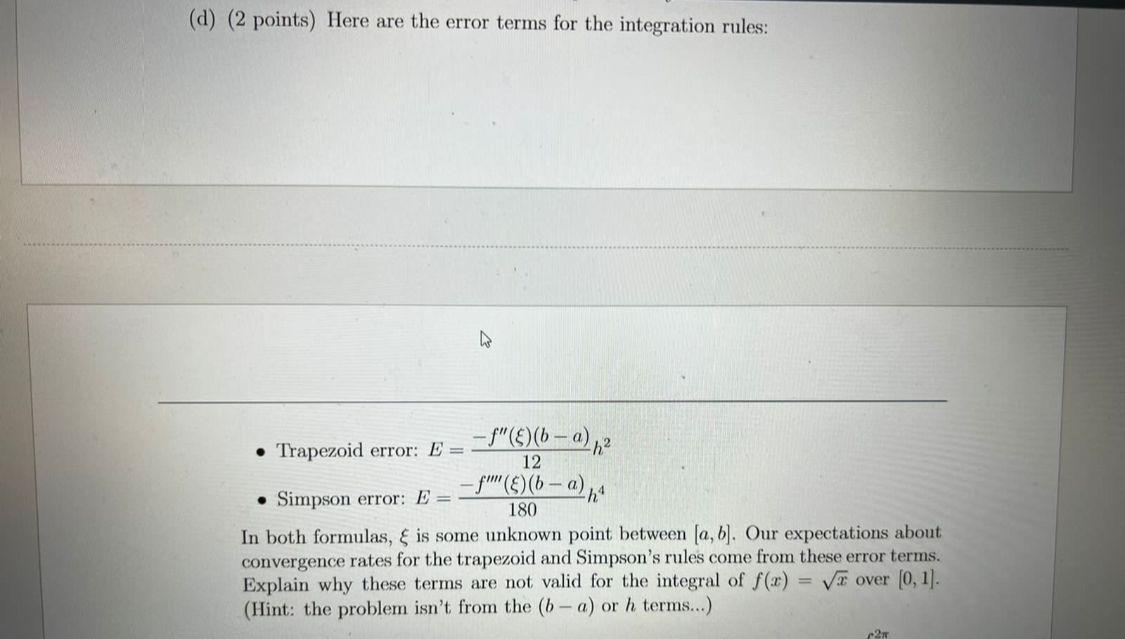 Solved (d) (2 points) Here are the error terms for the | Chegg.com