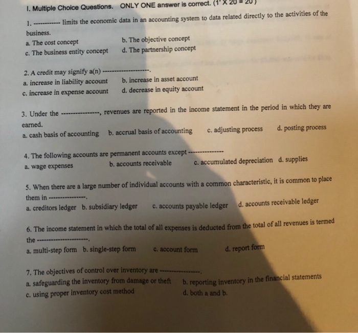 Solved l. Multiple Choice Questions. ONLY ONE answer is | Chegg.com
