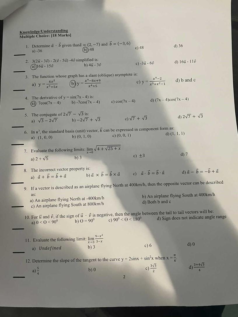 Solved Knowledge/Understanding Multiple Choice: [18 Marks] | Chegg.com
