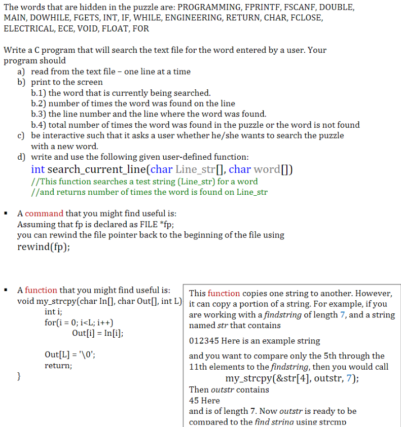 Solved Write a C program to implement a word search game. | Chegg.com