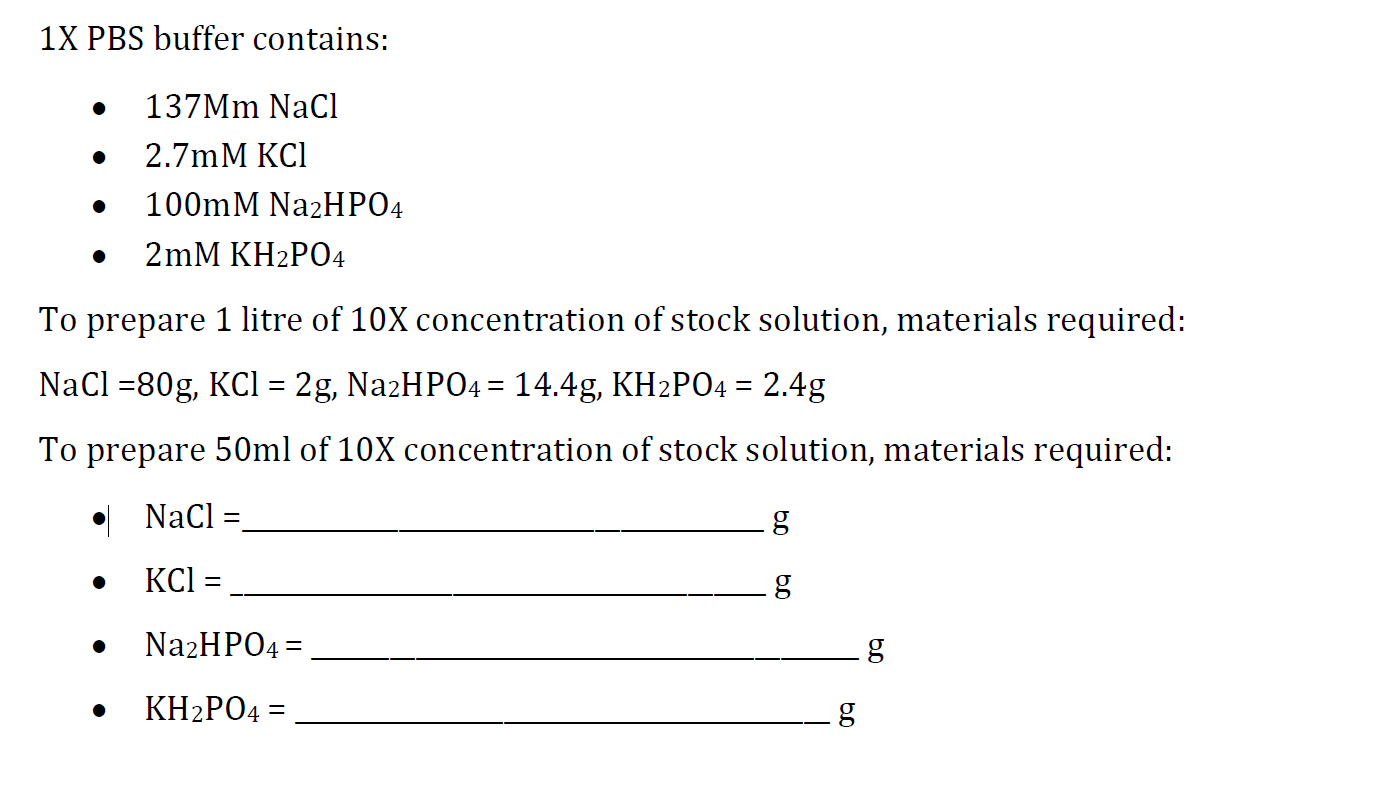 Solved 1X PBS buffer contains: - 137MmNaCl - 2.7mMKCl - | Chegg.com
