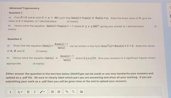 Solved Advanced Trigonometry Question 1 a) Find R>0 and a | Chegg.com
