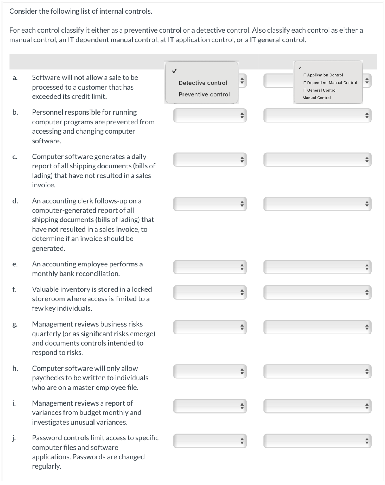 Solved Consider the following list of internal controls.For | Chegg.com