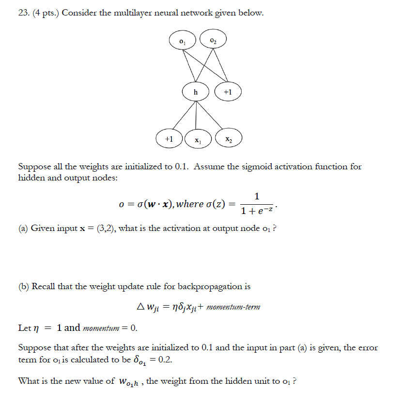 Solved 23. (4 pts.) Consider the multilayer neural network | Chegg.com