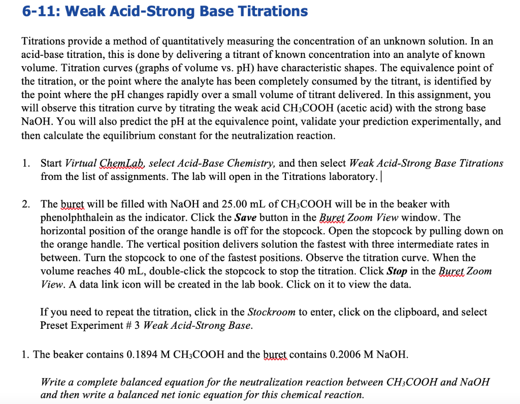 Solved 6-11: Weak Acid-Strong Base Titrations Titrations | Chegg.com