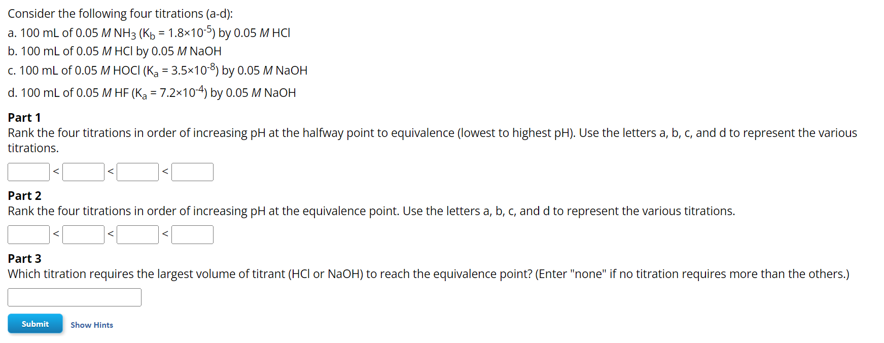 Solved Consider the following four titrations (a-d): a. 100 | Chegg.com