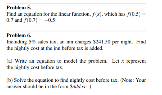 Solved Problem 5. Find an equation for the linear function, | Chegg.com