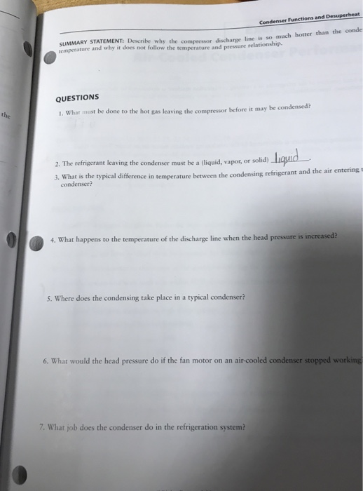 Solved Condenser Functions and Desuperheat SUMMARY STATEMENT | Chegg.com