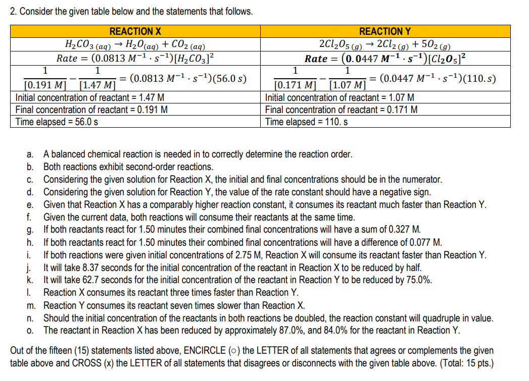 Solved 2. Consider the given table below and the statements | Chegg.com