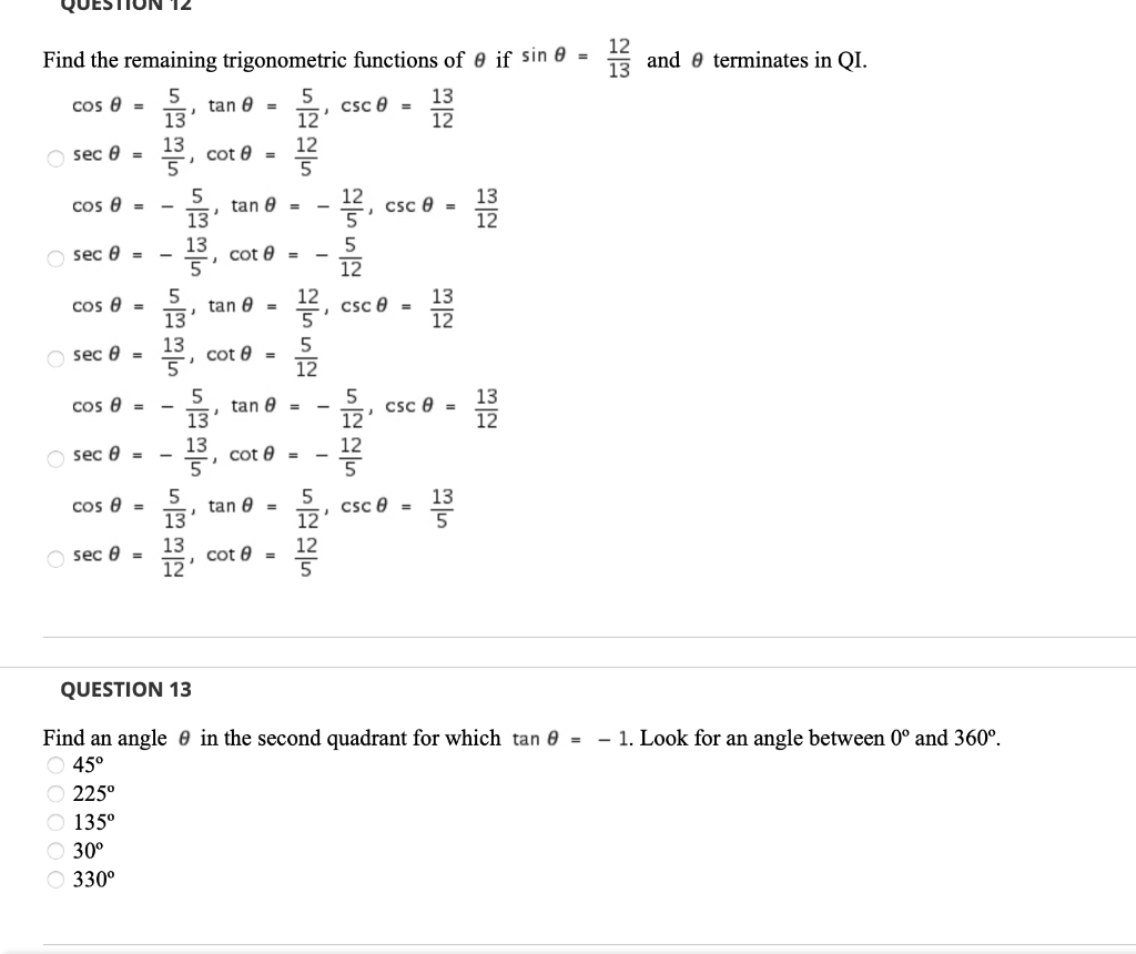 Solved Find the remaining trigonometric functions of θ if | Chegg.com
