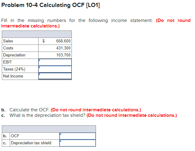 Solved Problem 10-4 Calculating OCF [LO1) Fill in the | Chegg.com