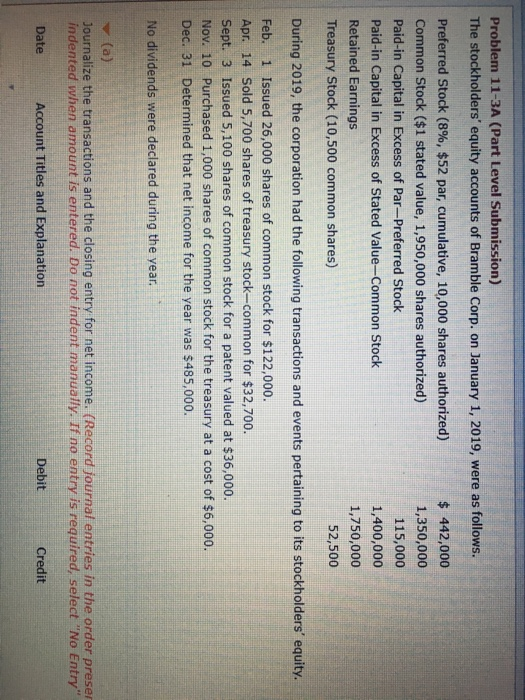 Solved Problem 11-3A (Part Level Submission) The | Chegg.com