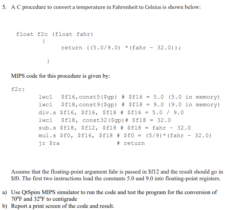 Solved 5. A C procedure to convert a temperature in | Chegg.com