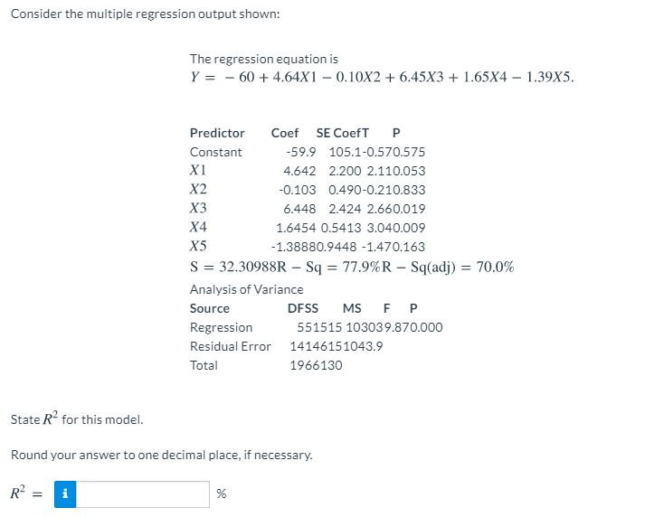 Solved Consider the multiple regression output shown: The | Chegg.com