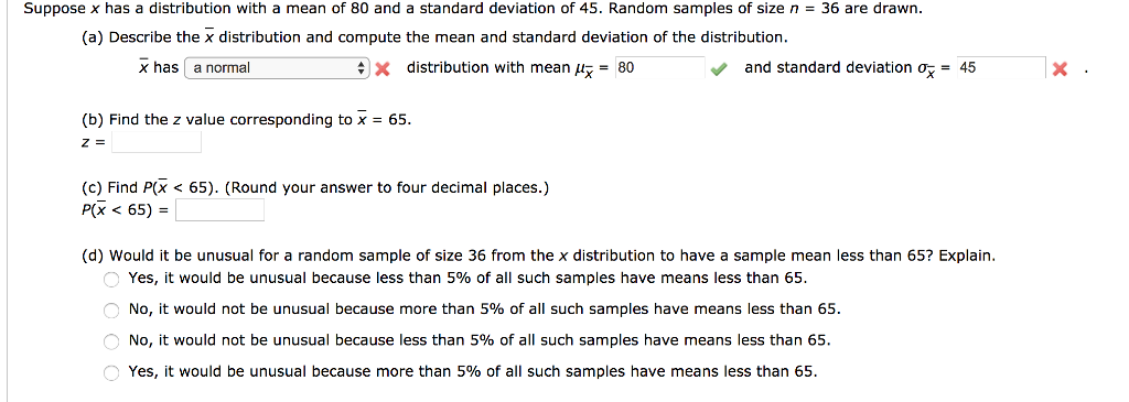 Solved Suppose x has a distribution with a mean of 80 and a | Chegg.com