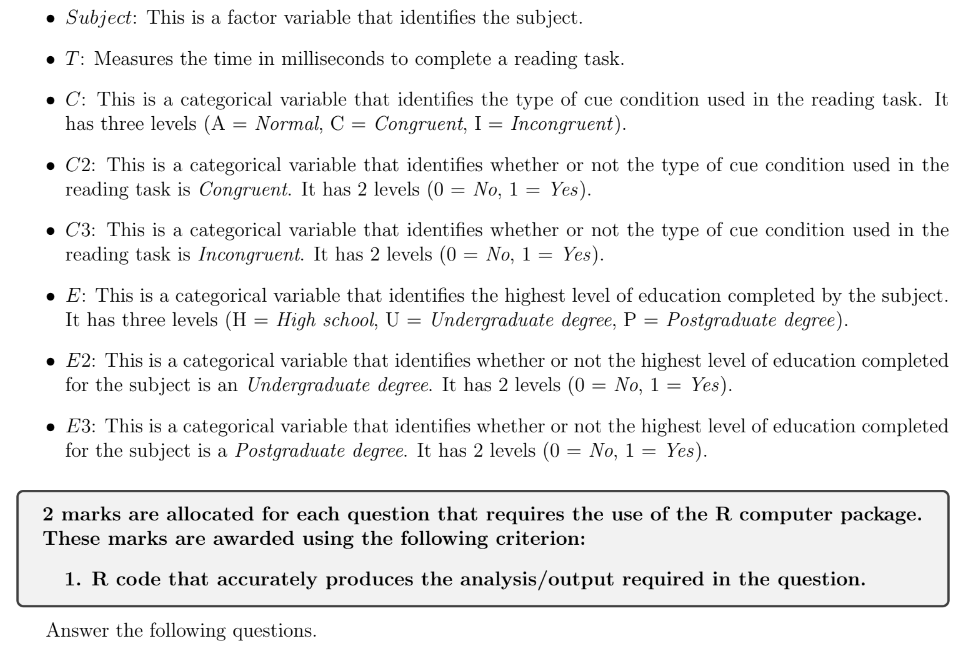 Solved - Subject: This is a factor variable that identifies | Chegg.com