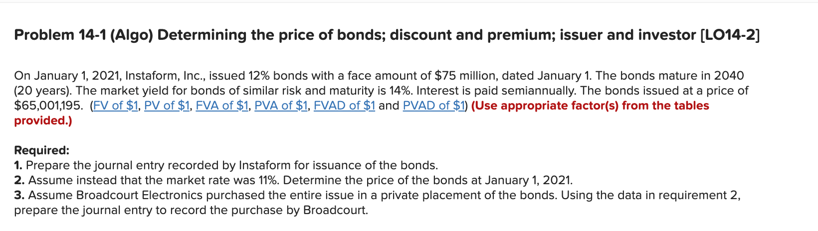 Solved Problem 14-1 (Algo) Determining the price of bonds; | Chegg.com