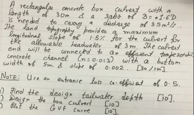 Solved A rectangular concrete box culvert with alength of | Chegg.com