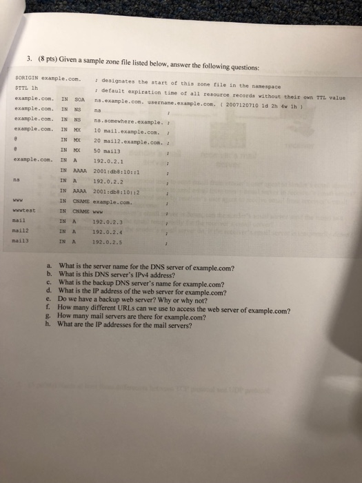 Solved 3. (8 pts) Given a sample zone file listed below, | Chegg.com