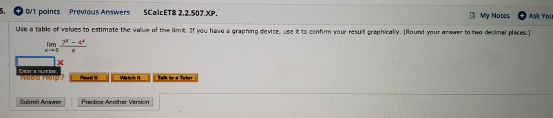 Solved 5. 0/1 points Previous Answers CalcET8 2.2.507.XP. My | Chegg.com