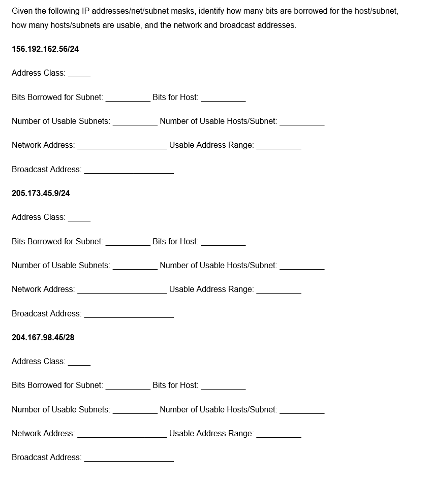 Solved Given the following IP addresses/net/subnet masks, | Chegg.com