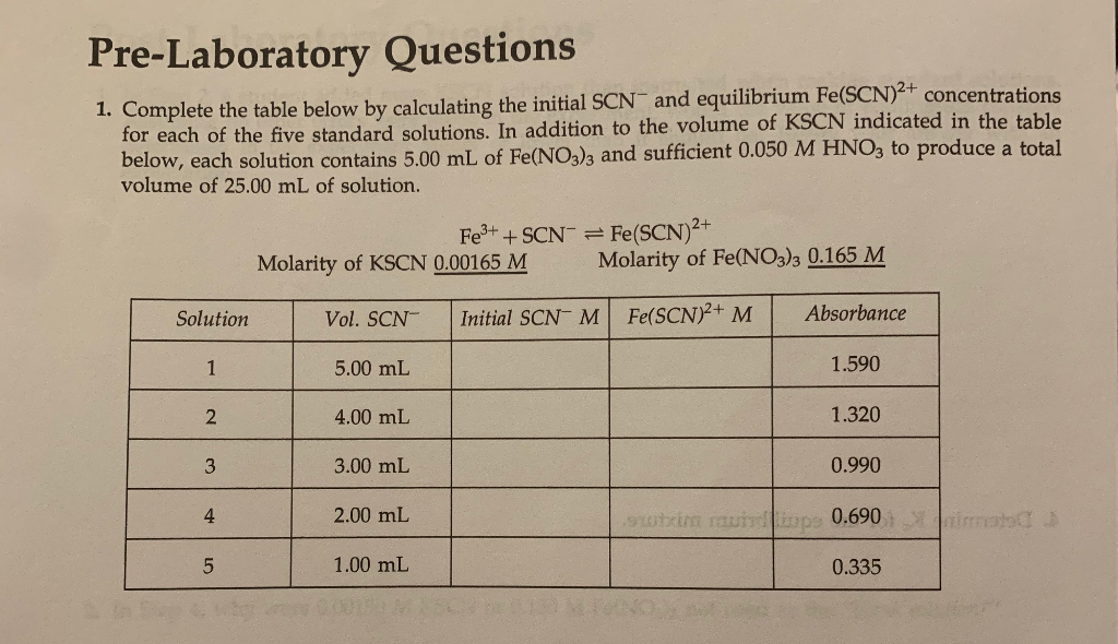 Solved Pre-Laboratory Questions 1. Complete the table below | Chegg.com