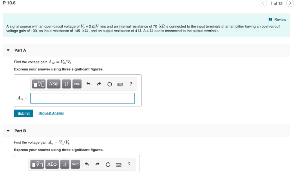 Solved P 10.6 1 of 12 Review A signal source with an | Chegg.com