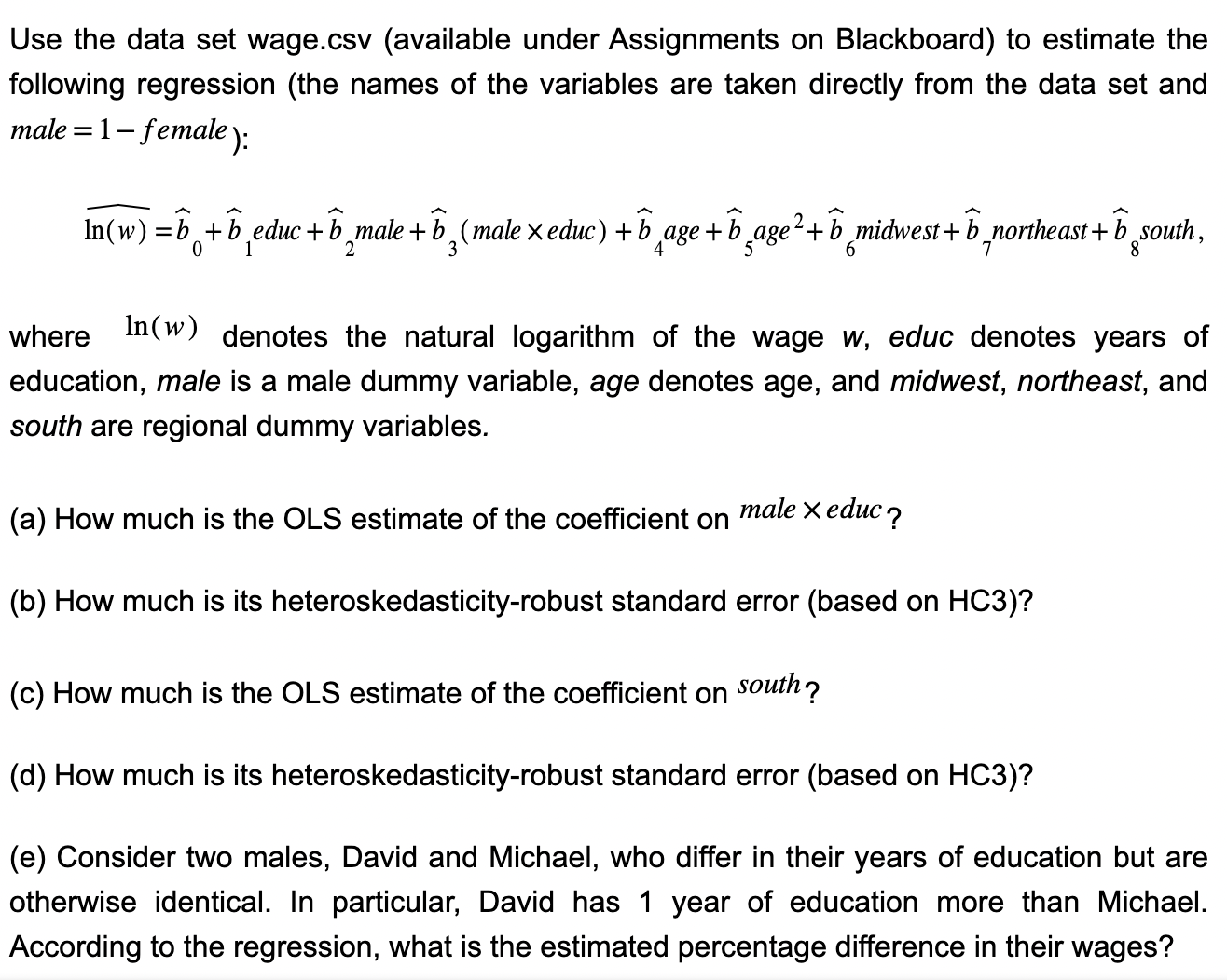 Use the data set wage.csv (available under | Chegg.com