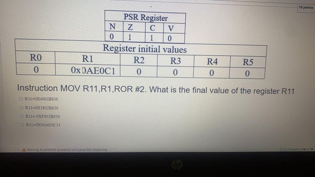 Solved 10 points PSR Register N Z с V 0 1 1 0 Register | Chegg.com