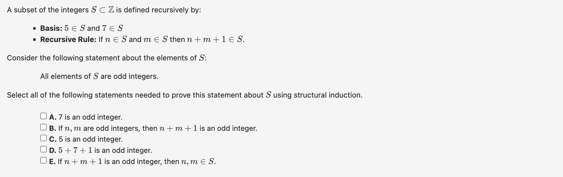 Solved A subset of the integers S⊂Z is defined recursively | Chegg.com