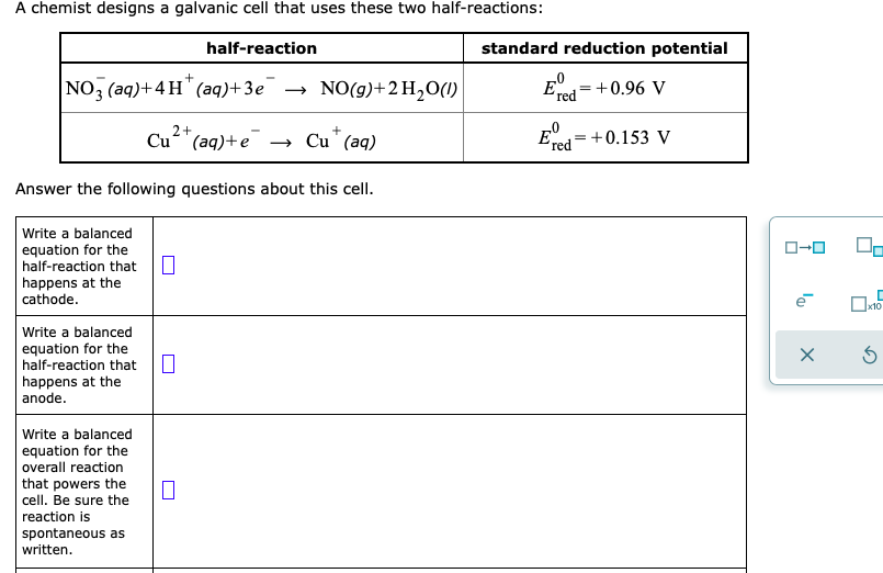 Solved A chemist designs a galvanic cell that uses these two | Chegg.com
