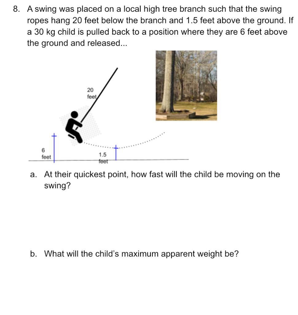 Solved 8. A swing was placed on a local high tree branch | Chegg.com