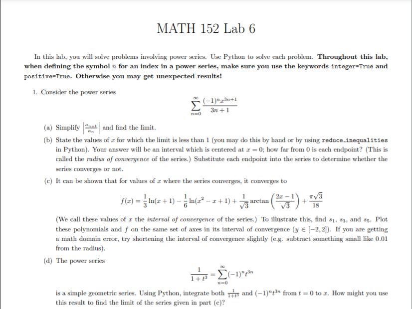 MATH 152 Lab 6 In this lab, you will solve problems | Chegg.com