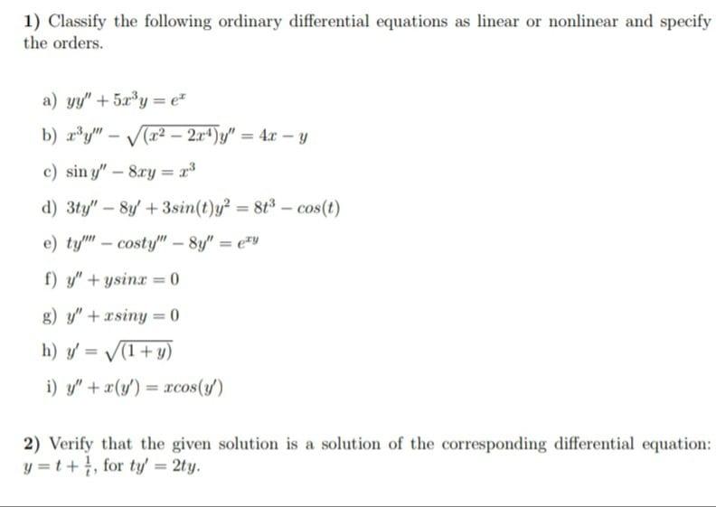 Solved 1) Classify the following ordinary differential | Chegg.com