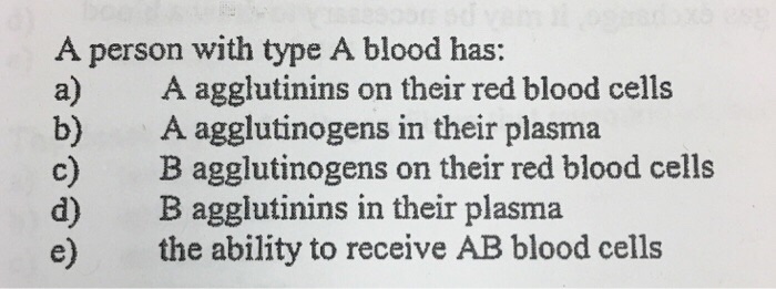 Solved A person with type A blood has: a) A agglutinins on | Chegg.com