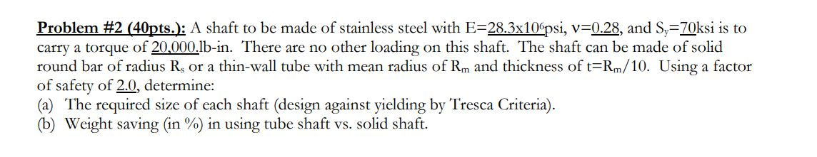 Solved Problem #2 (40pts.): A shaft to be made of stainless | Chegg.com