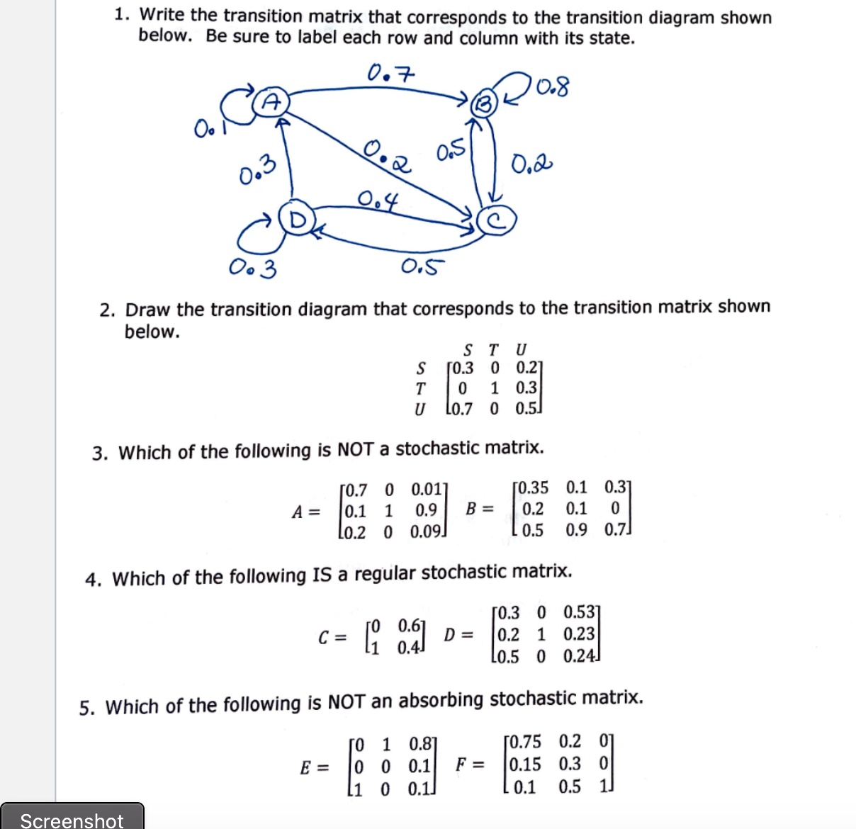 Solved 1. Write the transition matrix that corresponds to | Chegg.com
