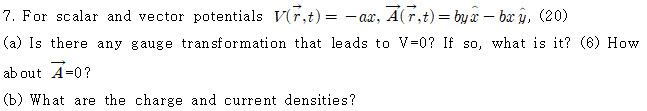 Solved 7. For scalar and vector potentials V(r,t) = − ax, | Chegg.com